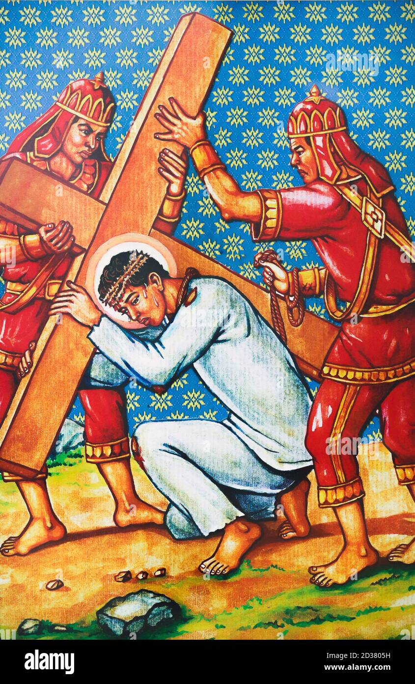 Asian depiction of the Way of the Cross Jesus Christ. Inside a catholic ...