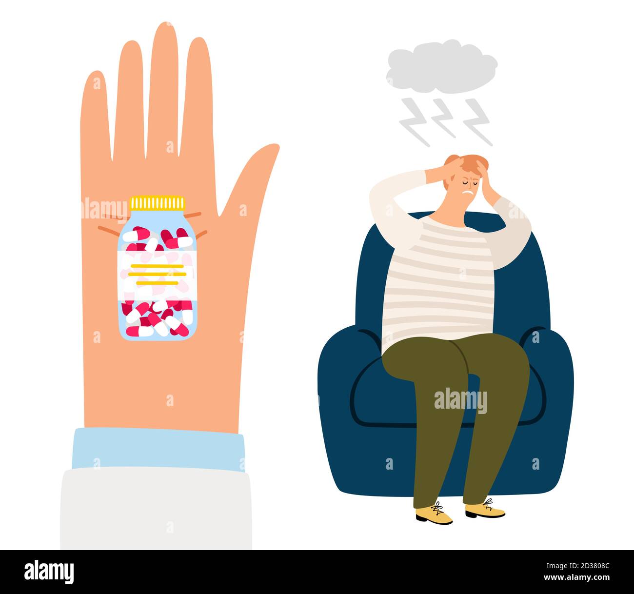 Drugs depression treatment. Headache and pills. Tired, owerworked sad ...