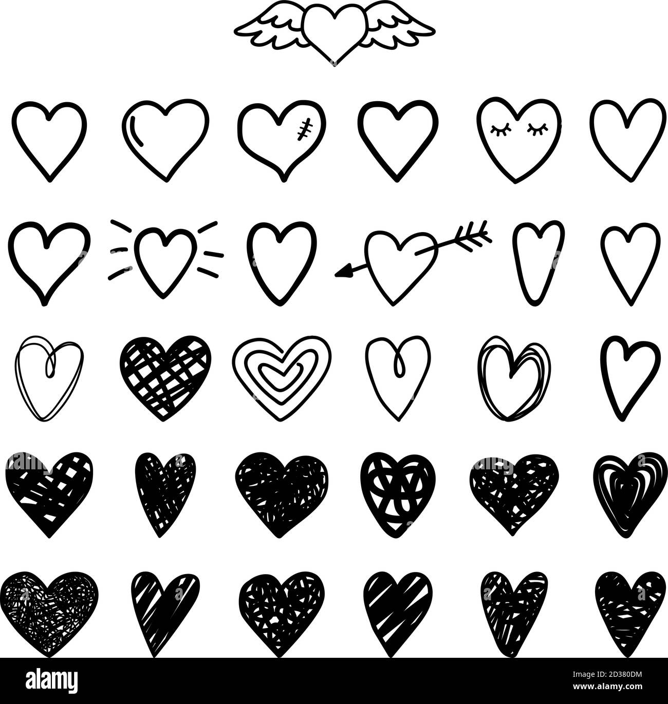 Hand drawn painted hearts. Heart shaped linear and scribble signs ...