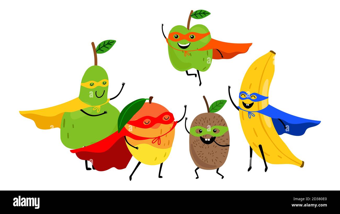 Superhero fruits team. Cute cartoon fruit superheroes isolated on white ...