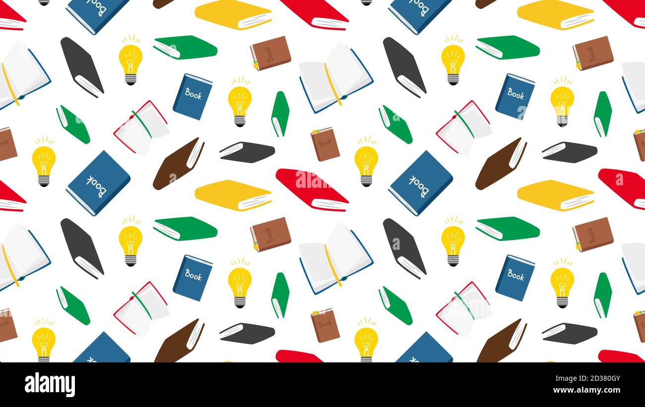 Books seamless pattern. Vector books and light bulbs seamless texture ...