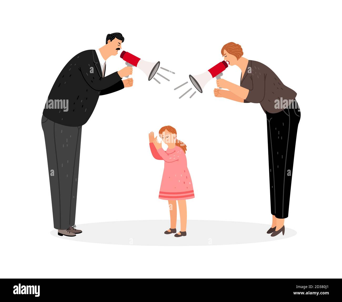 Agressive parents. Vector parents scream at their little daughter. Sad ...