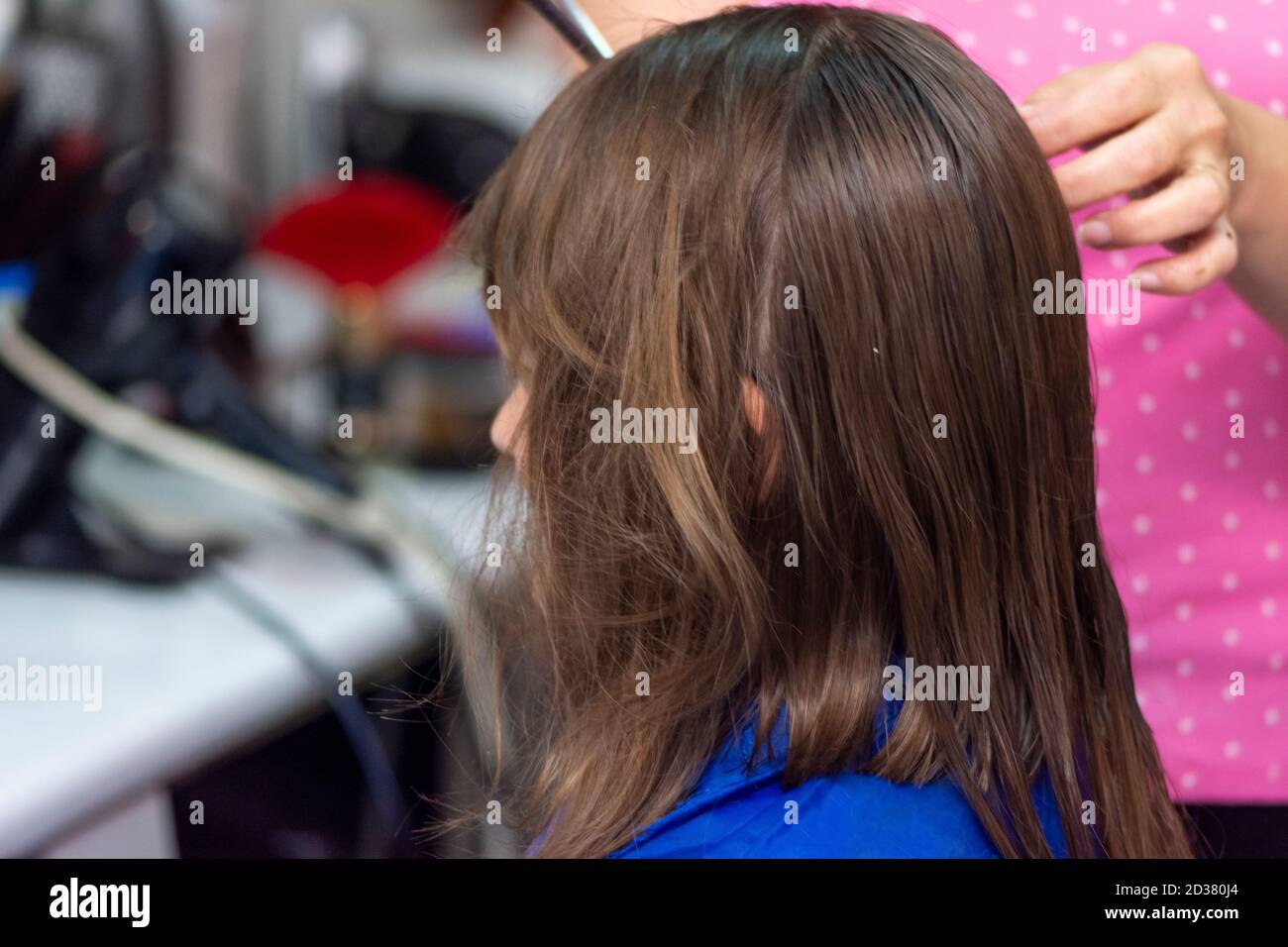 Professional female hairdresser cutting girl's hair in salon Stock ...
