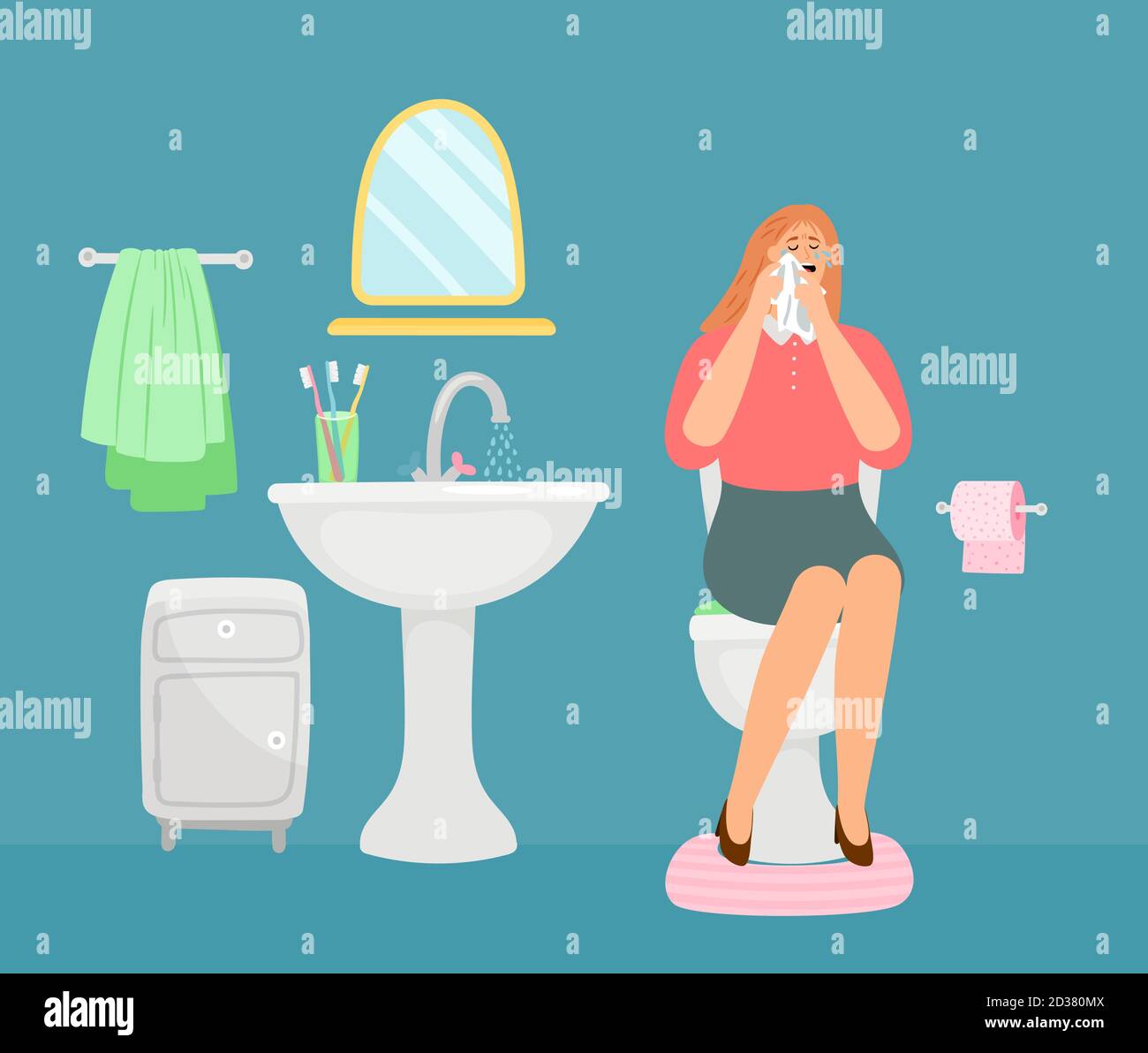 Woman crying in toilet room. Bathroom interior, WC vector illustration ...