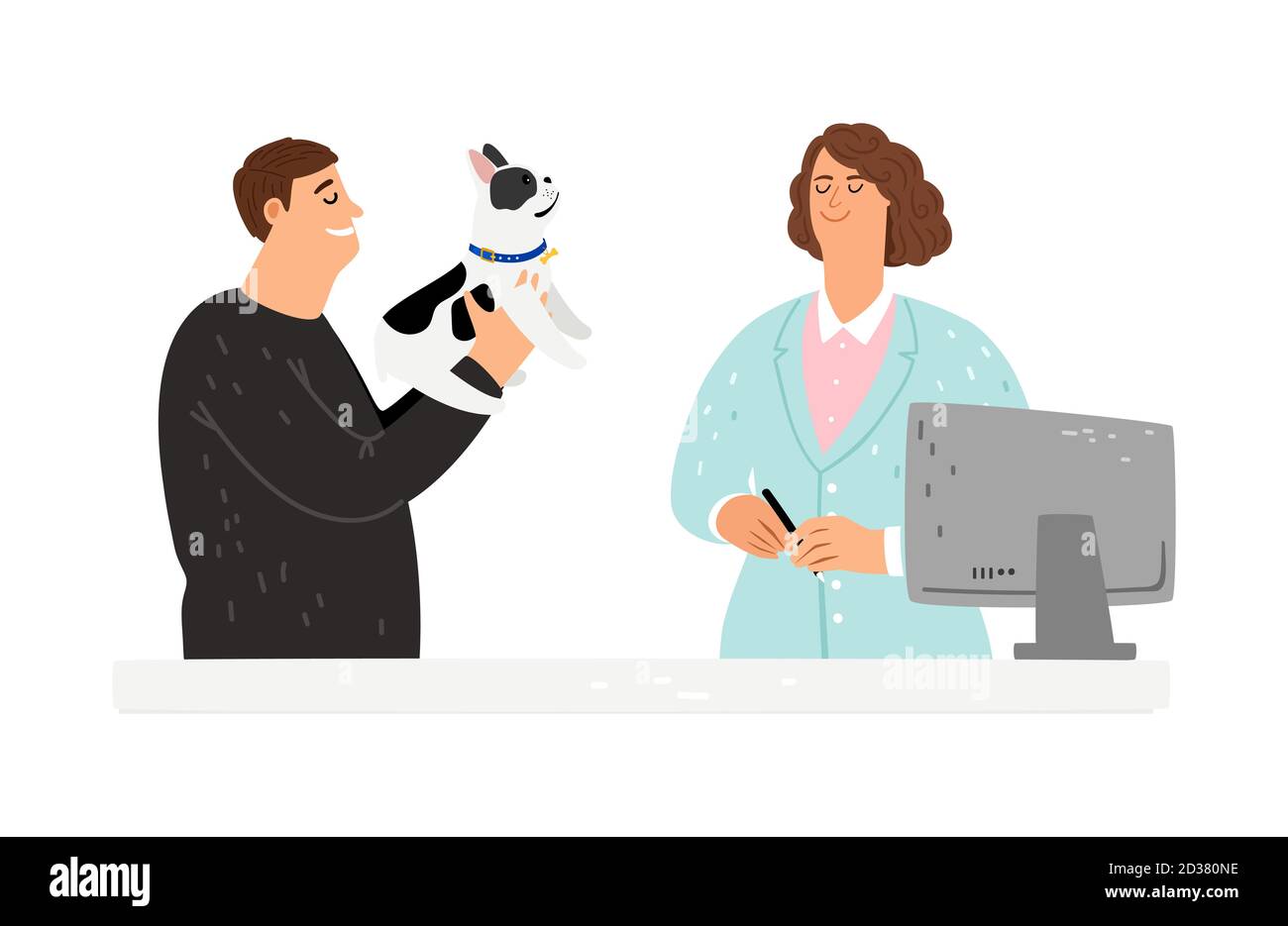 Dog at veterinarian. Rets hospital, owner with dog vector characters ...