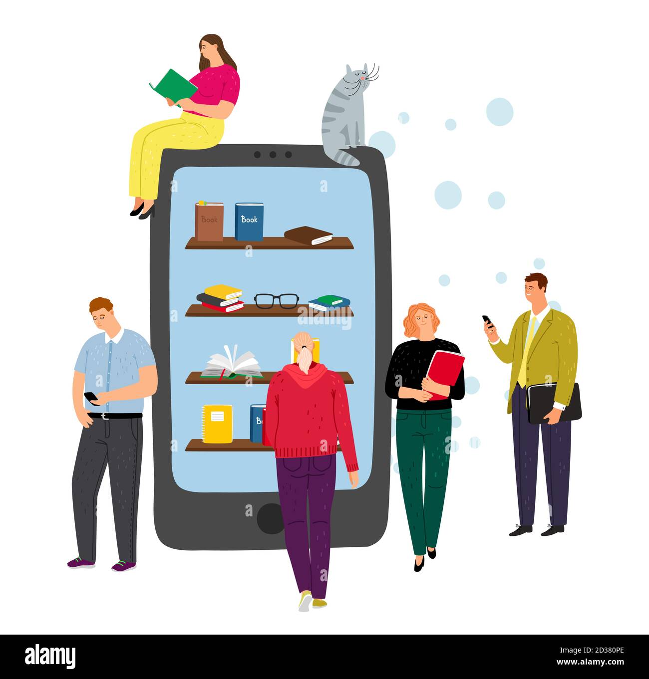 Online library concept. Phone, e-reading app and tiny people characters ...