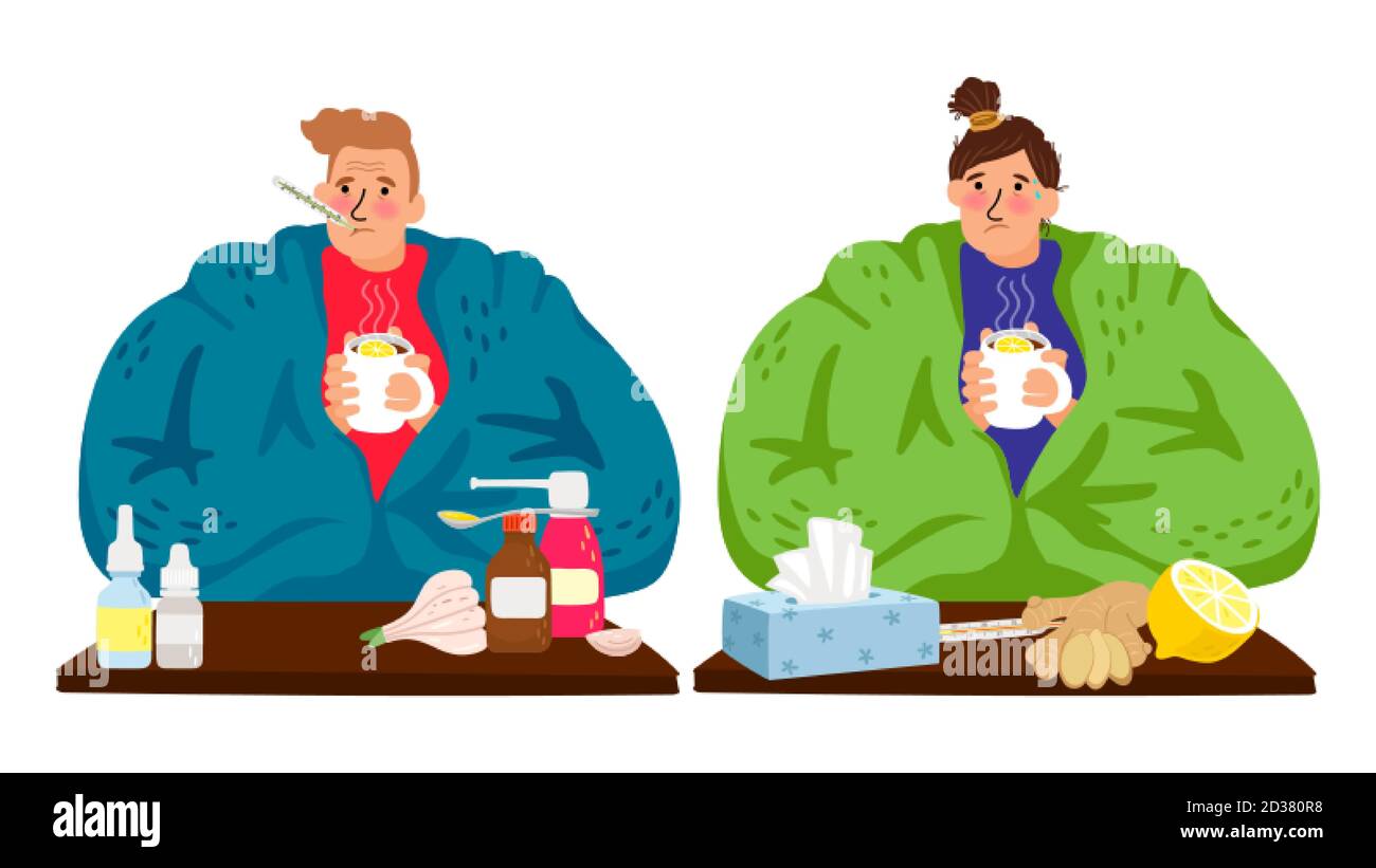 Sick people. Cold caucasian man and woman, winter flu male female ...