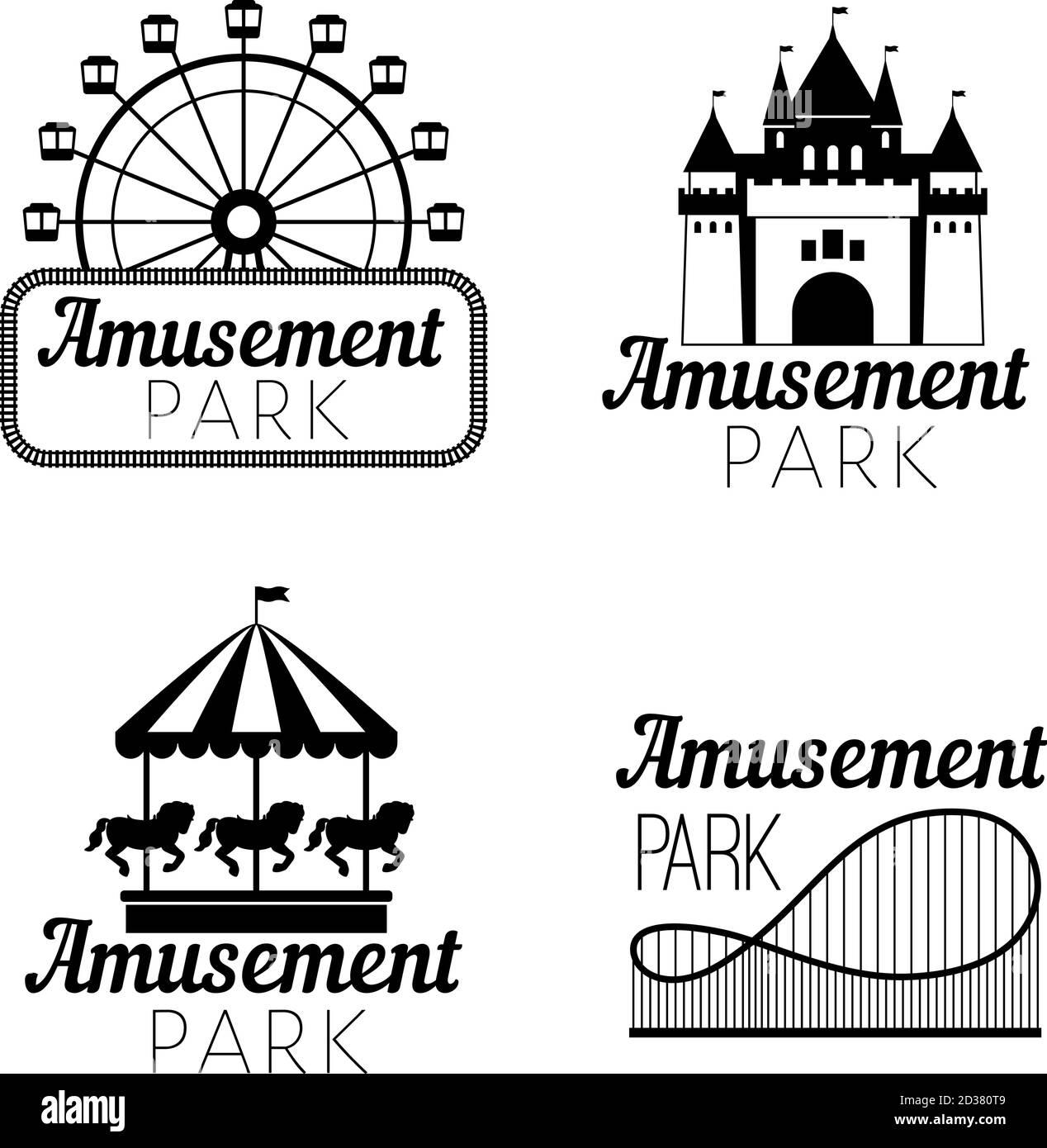 Black amusement park emblems. Carnival funfair logo with ferris wheel ...