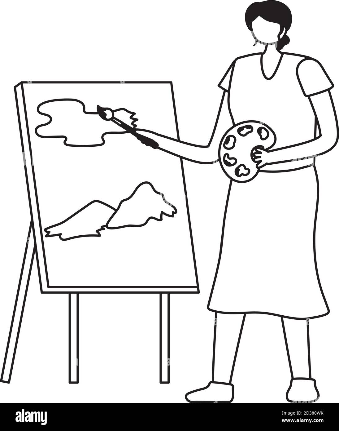 old woman with canvas and brush painting cartoon isolated design vector ...