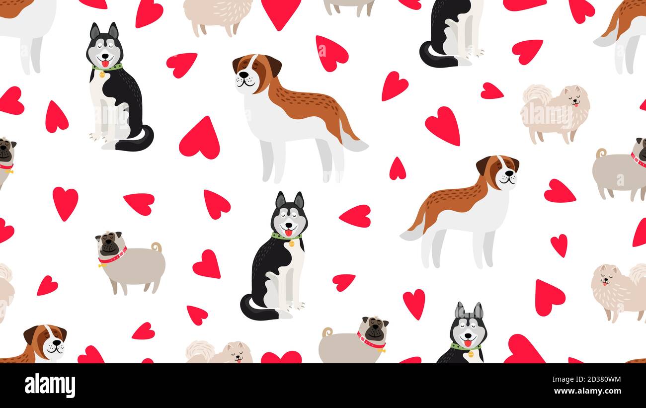 Dogs seamless pattern. Pet love texture. Vector cute dogs and hearts ...