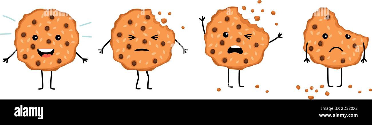 Crumble cookie snack. Cartoon smile biscuit and chcolate cookies mascot ...
