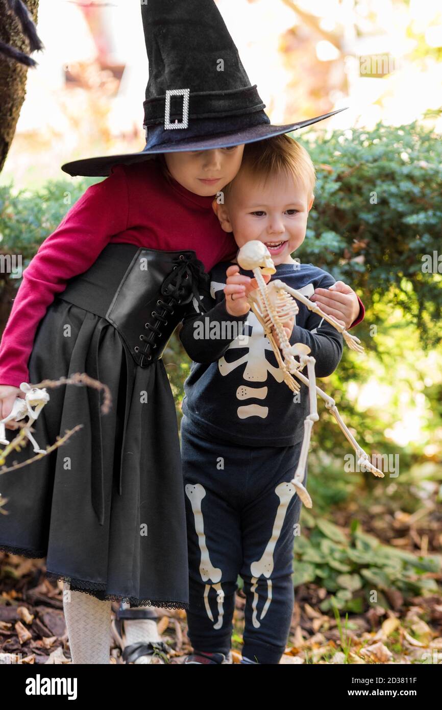 Little girl in witch costume and boy in skeleton costume on halloween ...