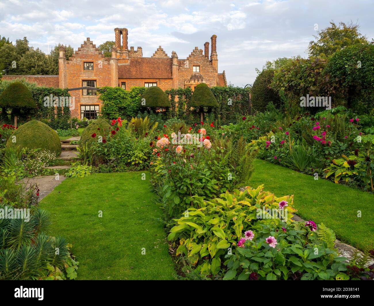 Chenies Manor House in sun; the Sunken garden in September. Dahlia ...