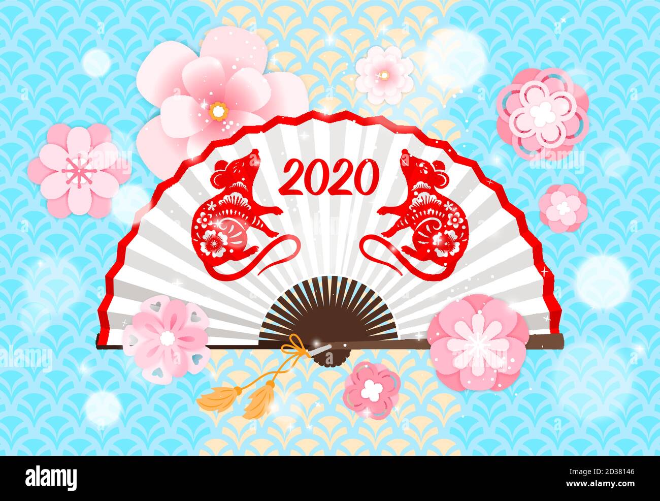 Chinese 2020 rat new year fan. China red rats white fan and pink ...