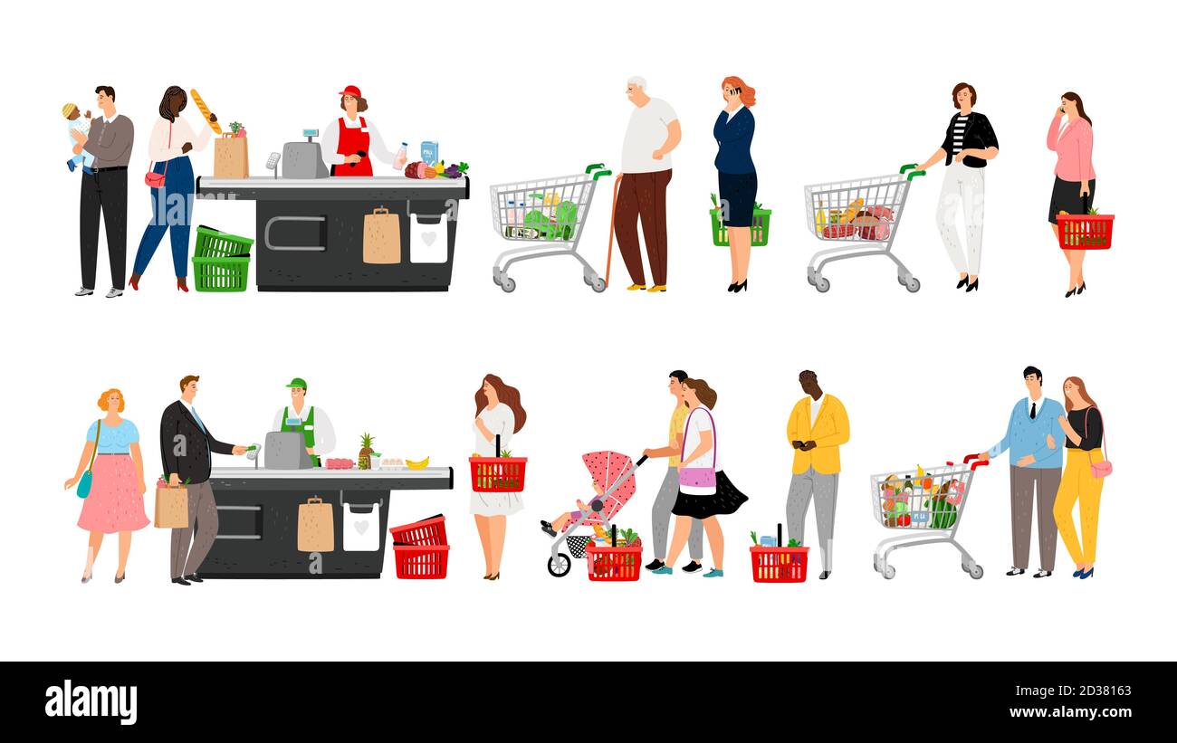 Grocery shopping queue. Shop queues people, cartoon retail store ...