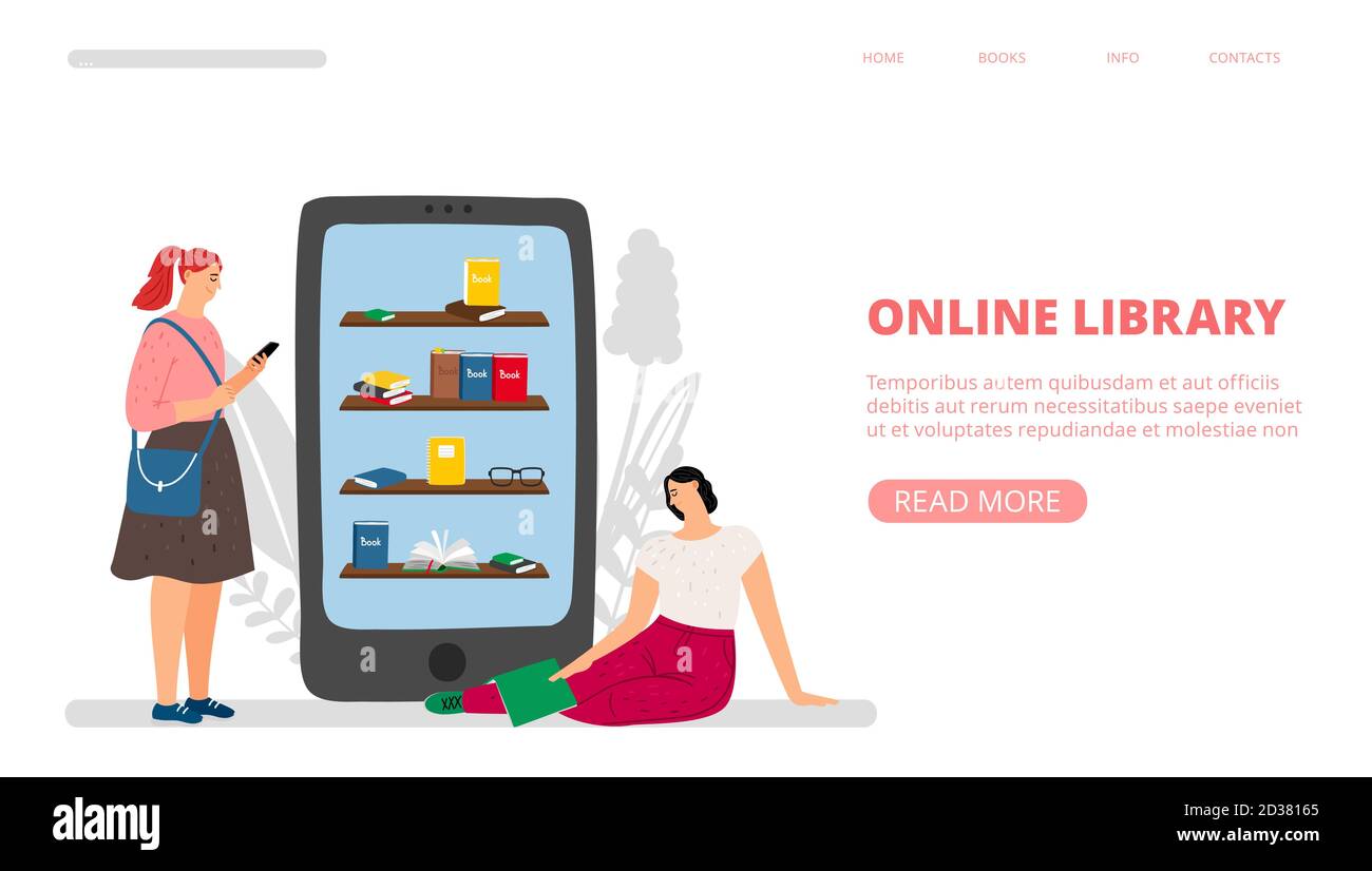 Online library landing page. Girls with books, bookcase on smartphone ...