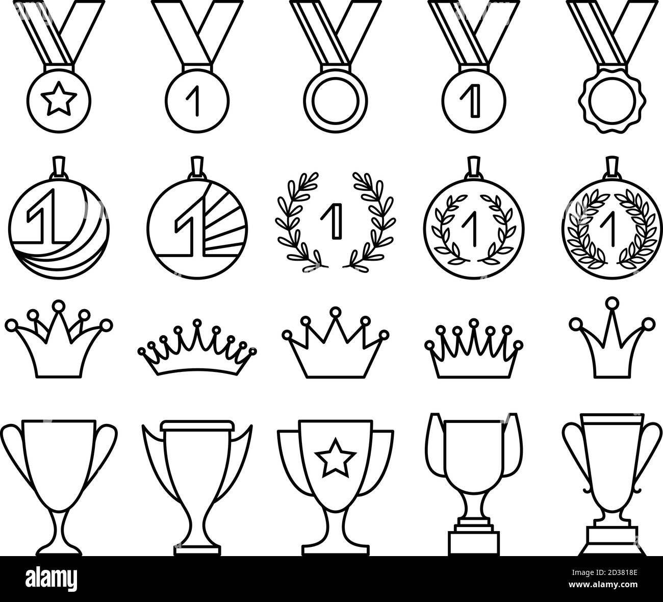 Linear award set of medal, cup and crown. Winner award, victory prize ...