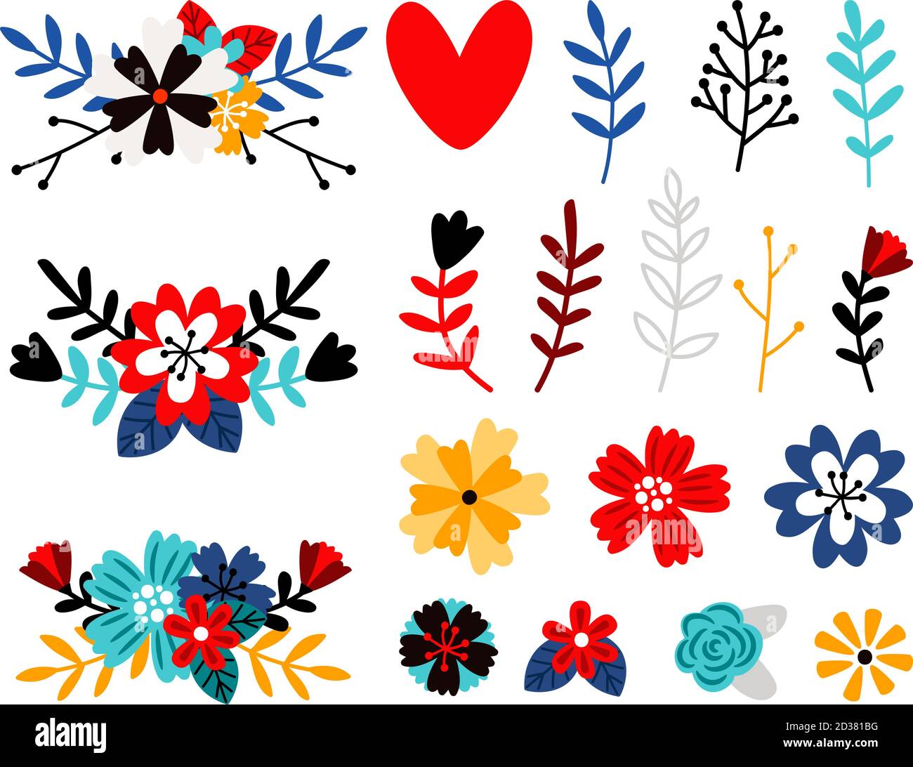 Flowers flat color vector illustrations set. Multicolor wildflowers and ...