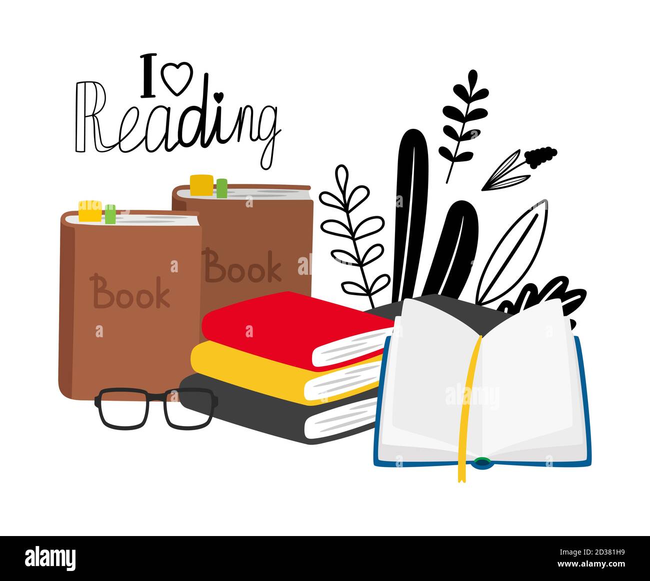 Books illustration. Reading concept with vector books, glasses. I love ...