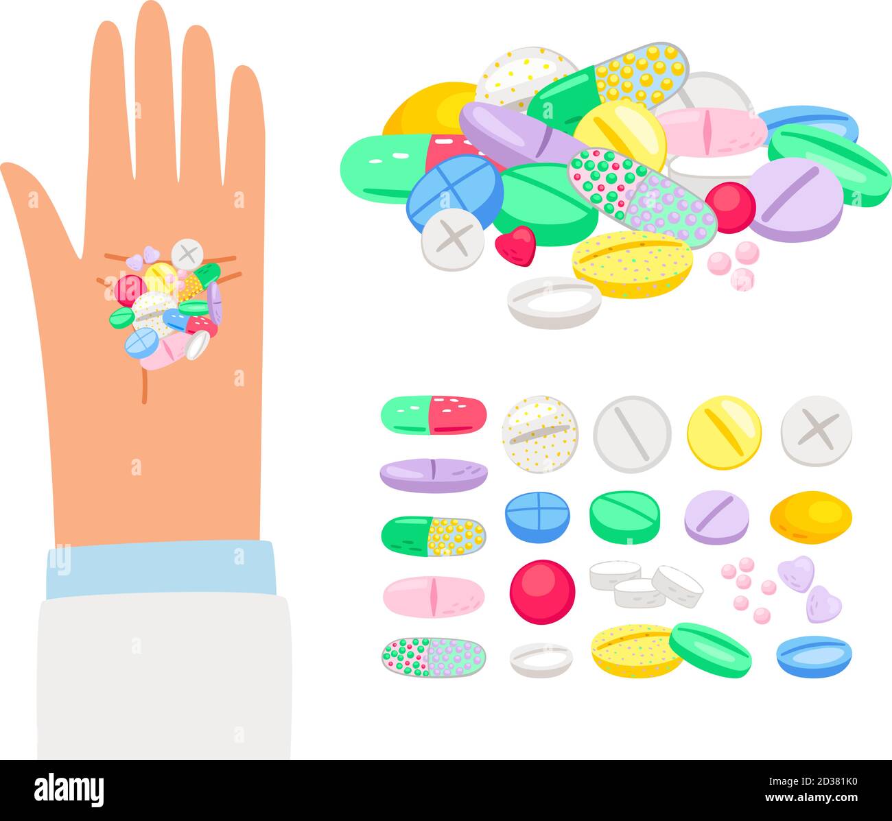 Colored pills and tablet in human hand. Vector hand with pile of pills ...