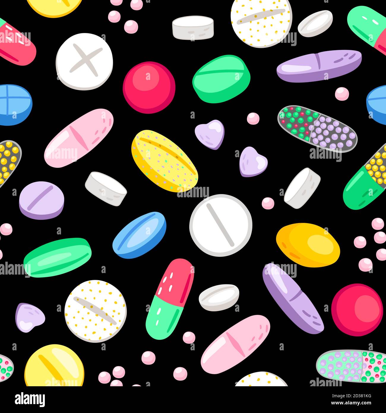 Colorful cartoon pills and tablets pattern on dark background, vector ...