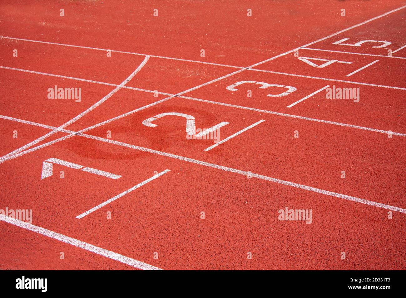 Athletic running track in a stadium with start point positions numbers ...