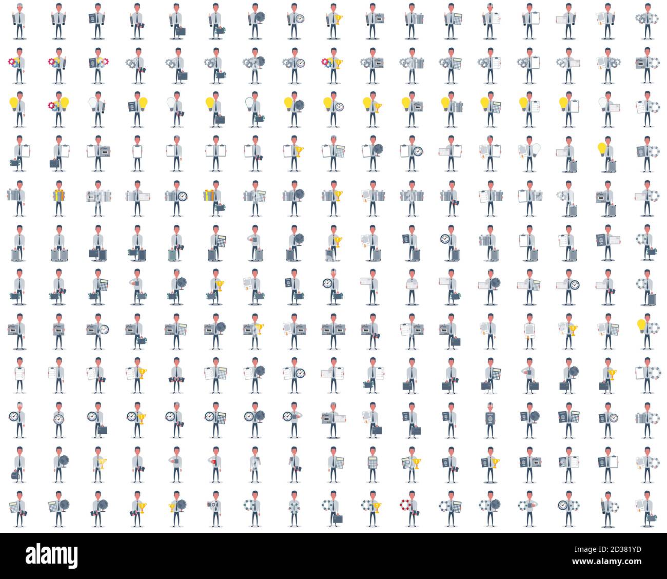 large set. Businessman or clerk with different objects. Male character ...