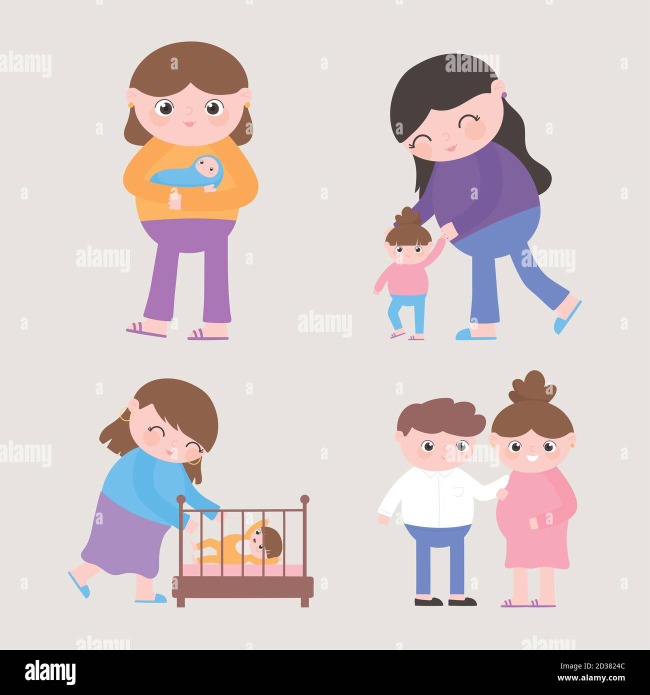 pregnancy and maternity, various mom with baby and pregnant cartoon ...