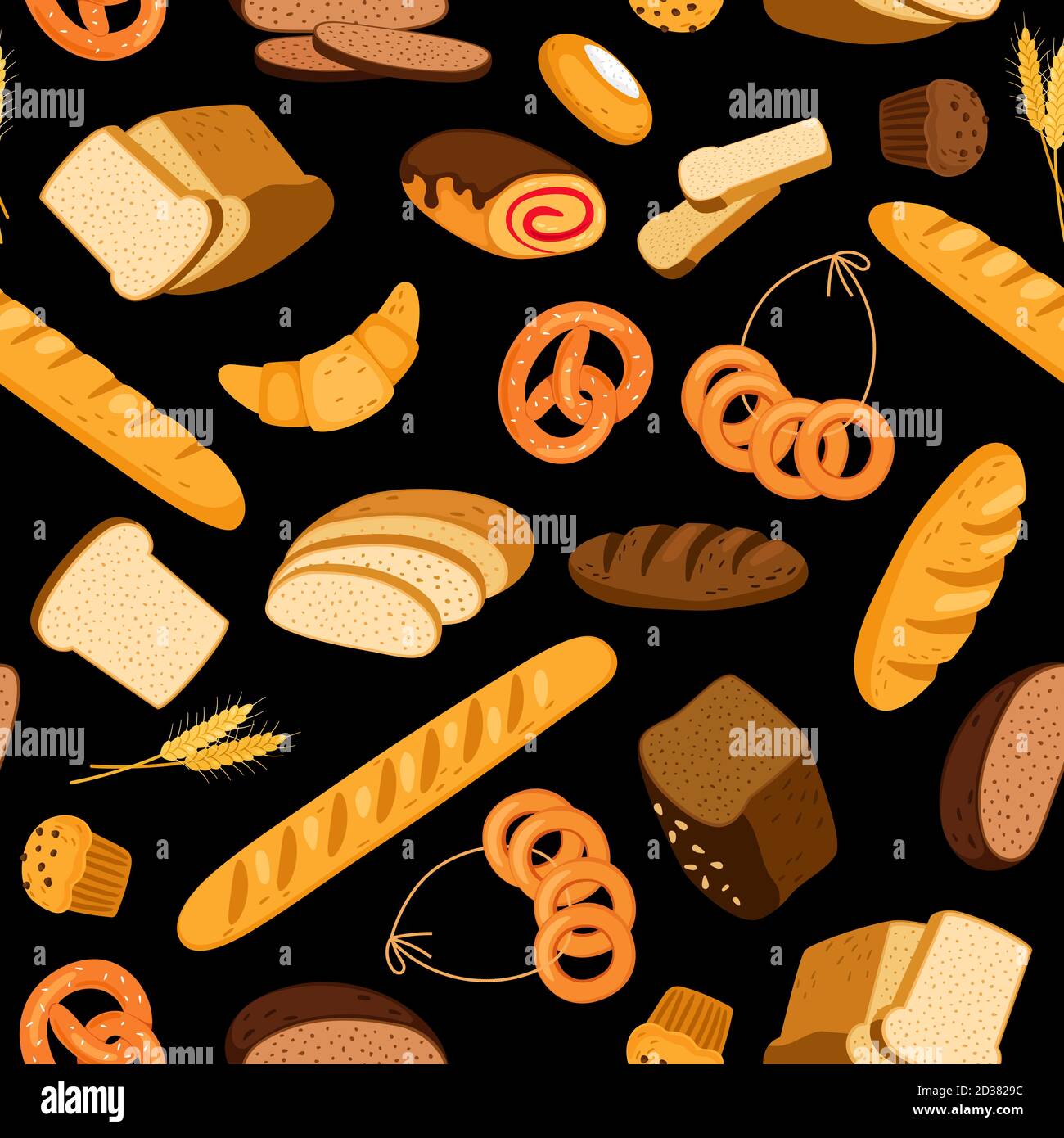 Fresh bread pastry background. Baked products vector pattern Stock ...