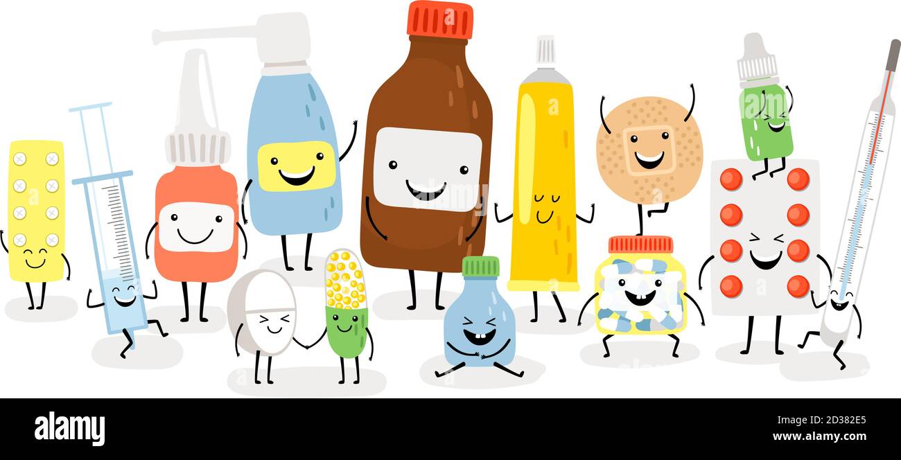 Drug characters tablet, syringe, thermometer and pill. Vector medical ...