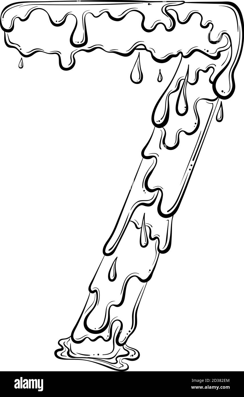 Number 7 with flow drops and goo splash. Dripping liquid symbol. Vector ...