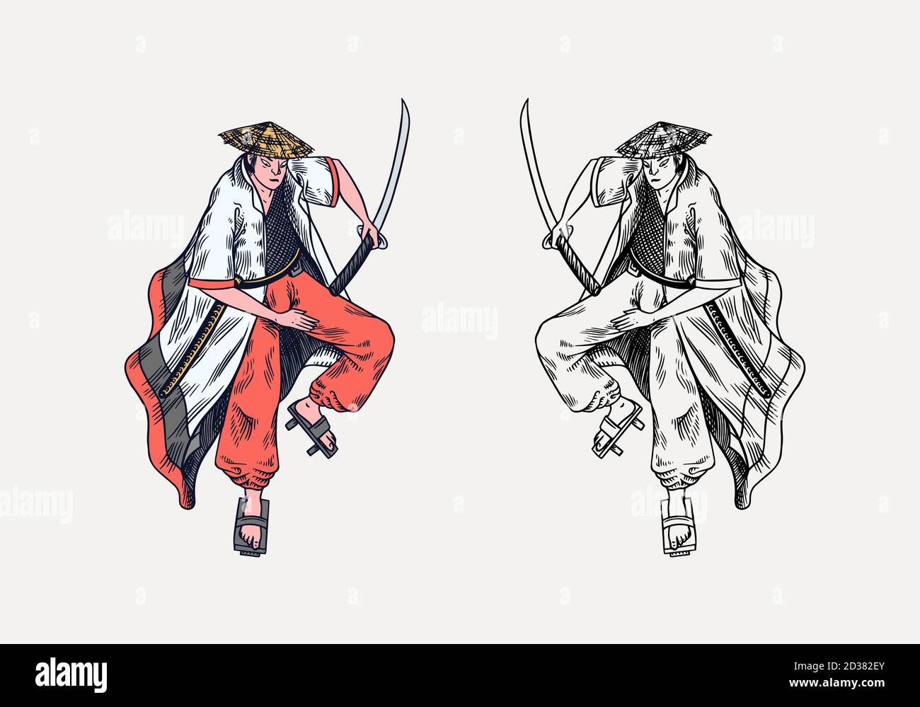 Japanese samurai. Warriors with weapons sketch. Men in a fight pose ...