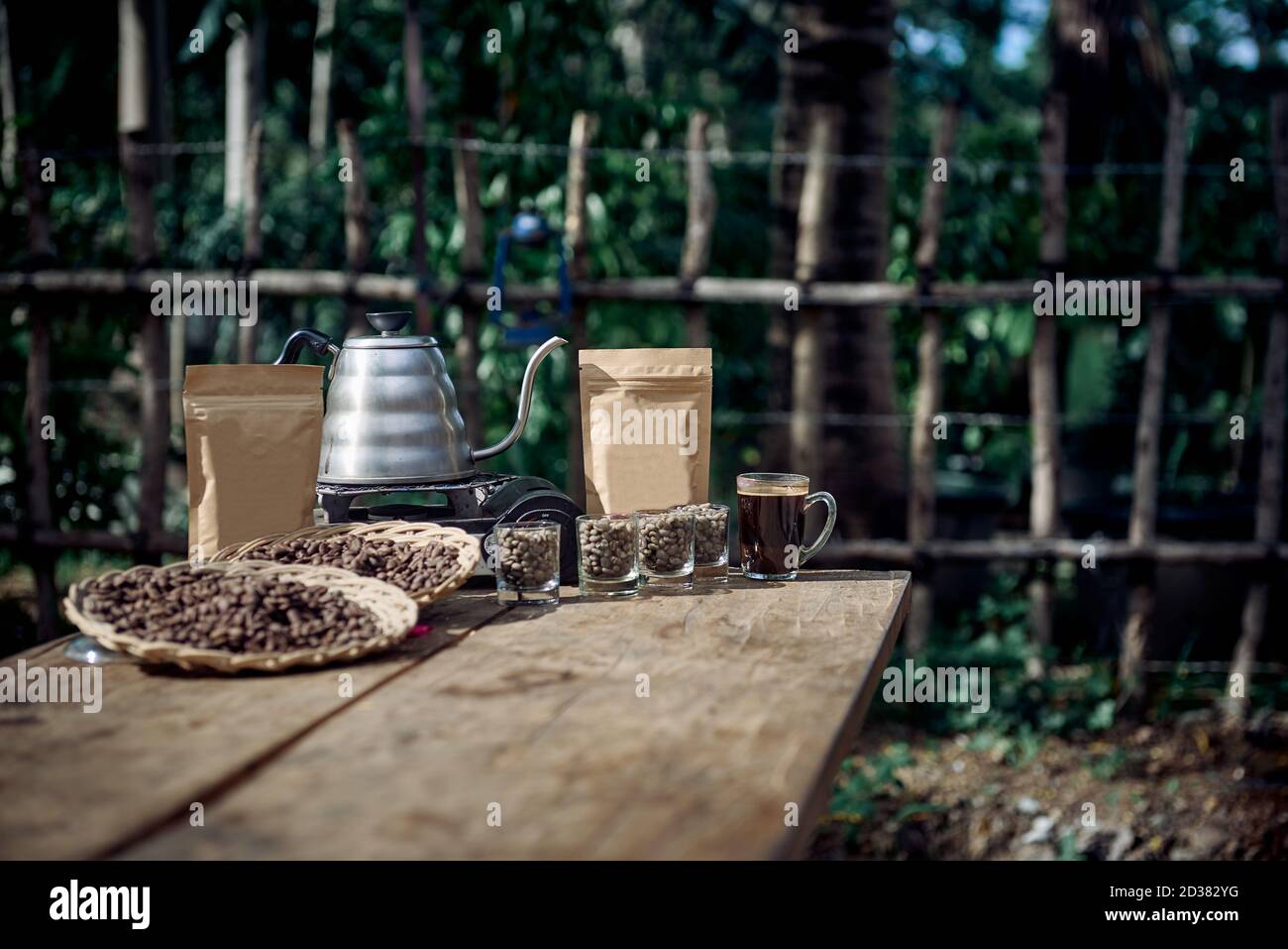 Arabica Coffee bean and coffee bag and traditional brewing coffee maker ...