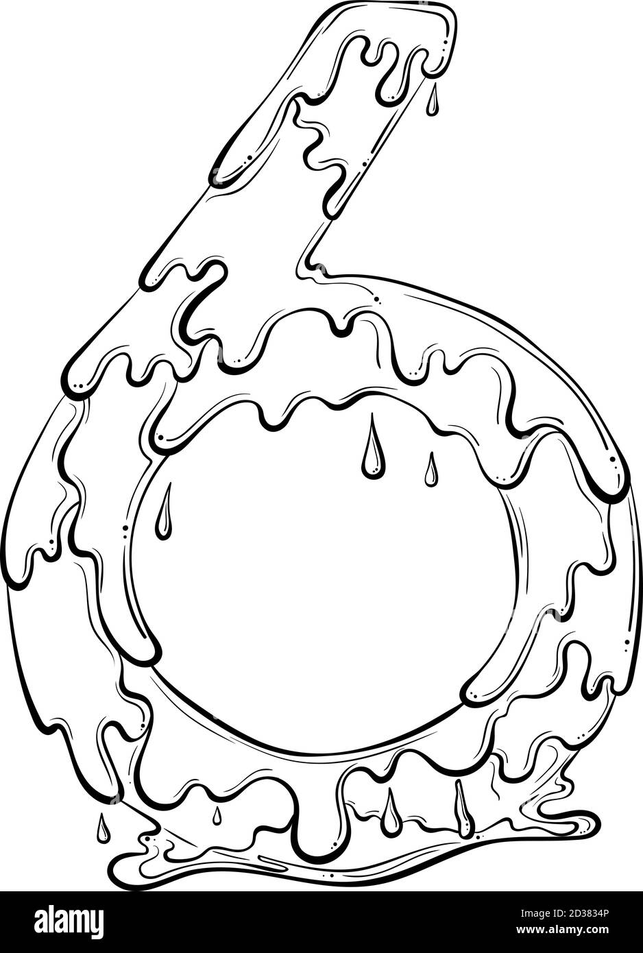 Number 6 with flow drops and goo splash. Dripping liquid symbol. Vector ...