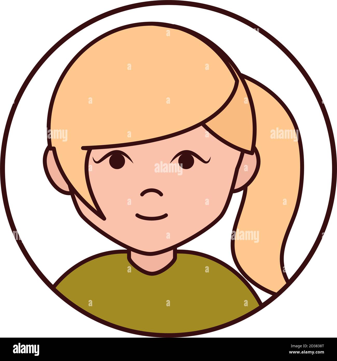 teen blonde ponytail hair cartoon, round line icon vector illustration ...