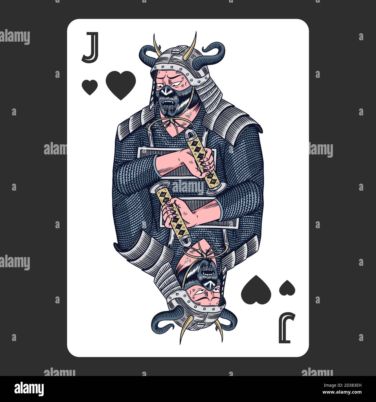 Japanese samurai. Playing card. Warriors with weapons sketch. Men in a ...