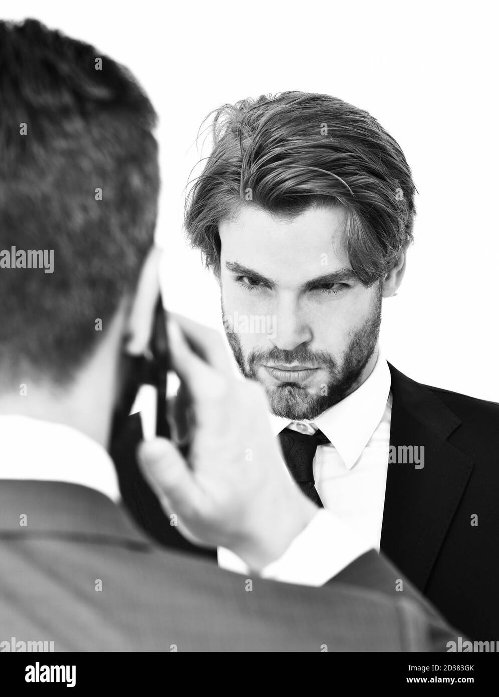 Angry man talking on phone Black and White Stock Photos & Images - Alamy