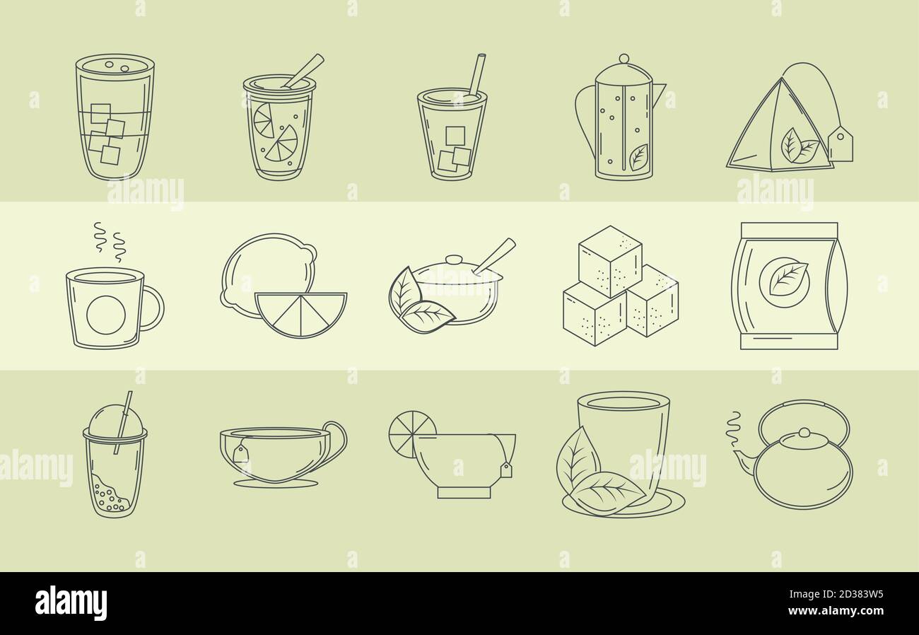 tea, beverage fresh herbal antioxidant set icons line style vector ...