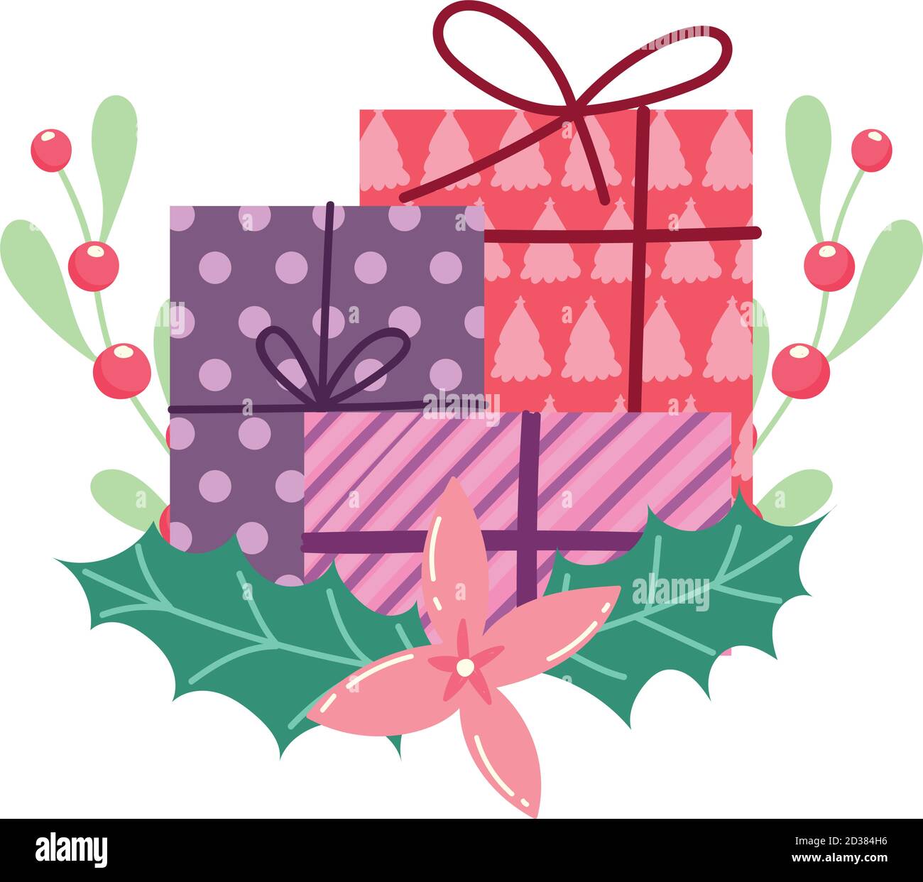 merry christmas, gift boxes flower holly berry cartoon, isolated design ...