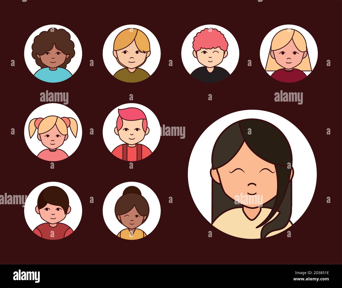 diverse women men different age culture, round line icons set vector ...