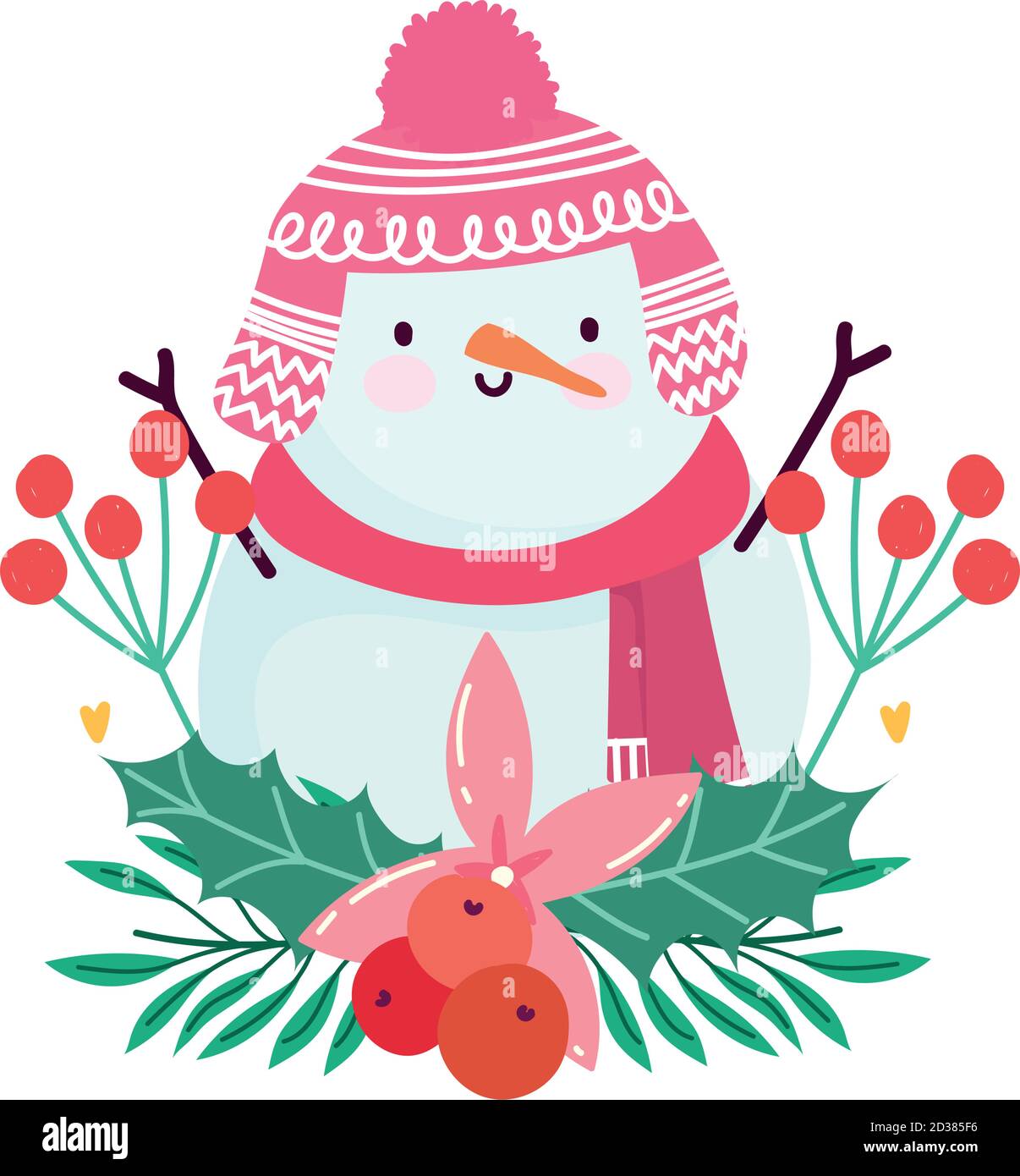 merry christmas, snowman cartoon flower and holly berry isolated design ...