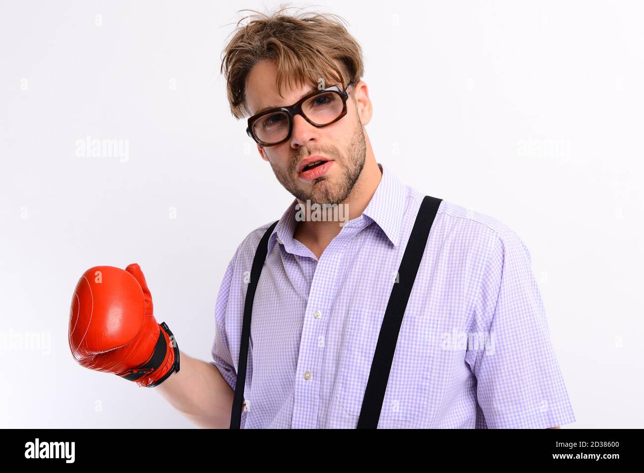 Weak guy ready to punch. Nerd with leather box equipment isolated on ...