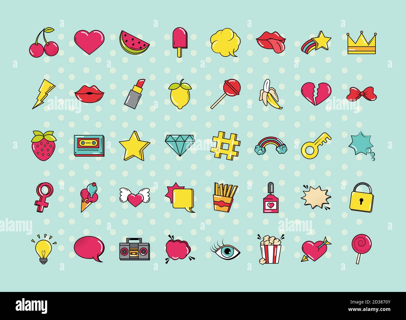 pop art comic style, funny fashion stickers kit, flat icons set vector ...