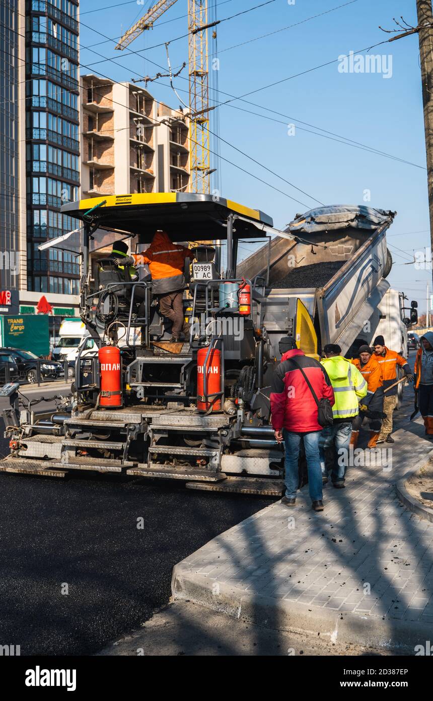KYIV, UKRAINE - September 10, 2020: Industrial asphalt paver machine ...