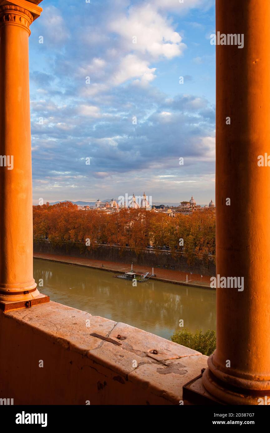 Autumnal view of Rome historic center with River Tiber from Castel Sant ...