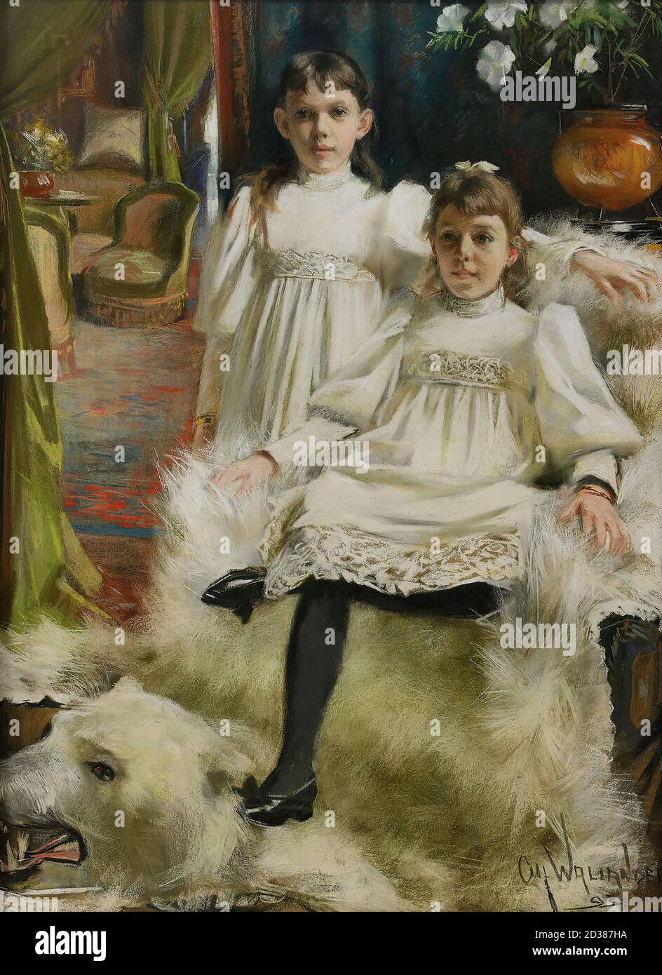 Wallander Alfred - Borgerlig Interiör Med Tvillingarna Alice Och Mary ...