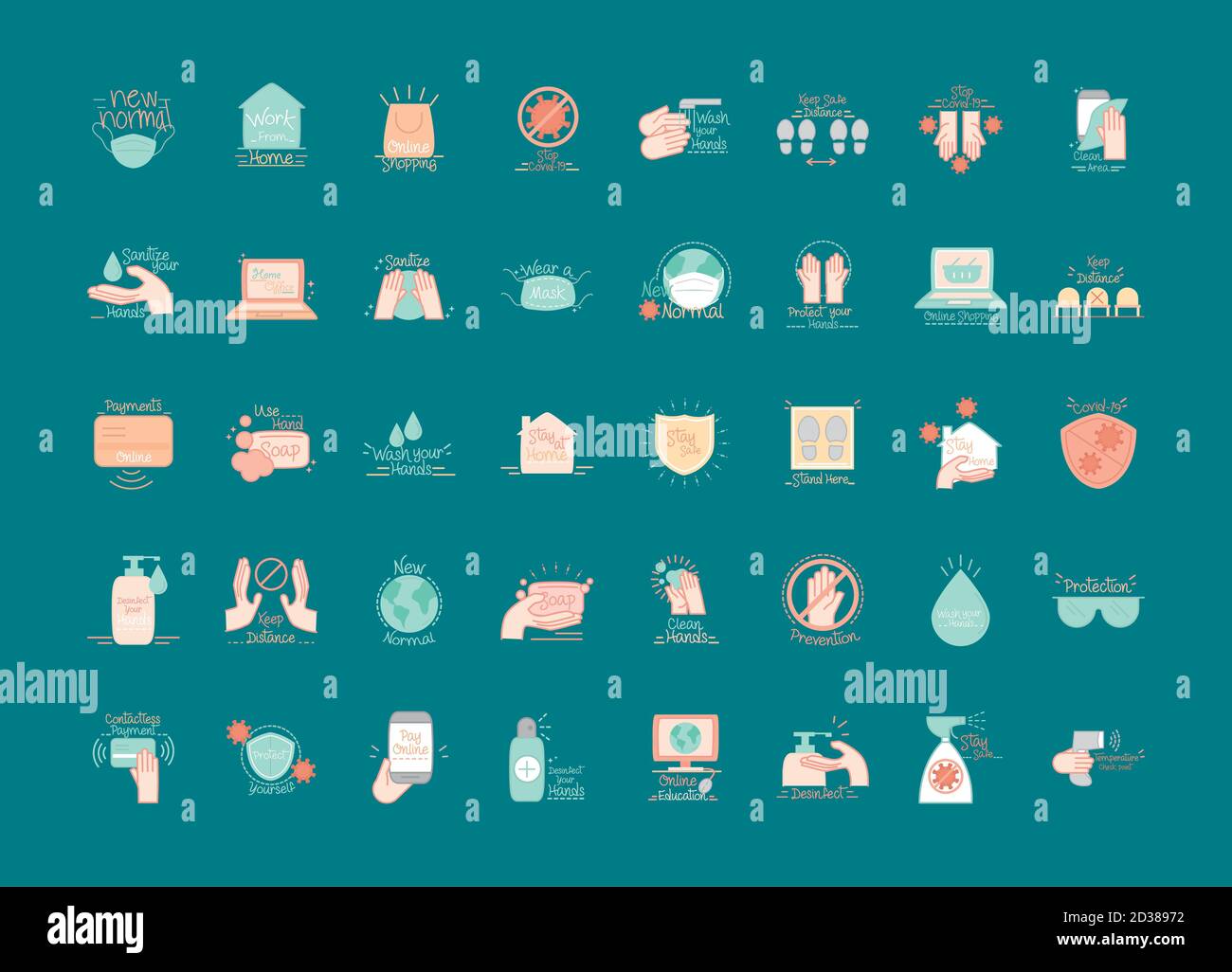 new normal, after coronavirus prevention measures icons, hand made ...