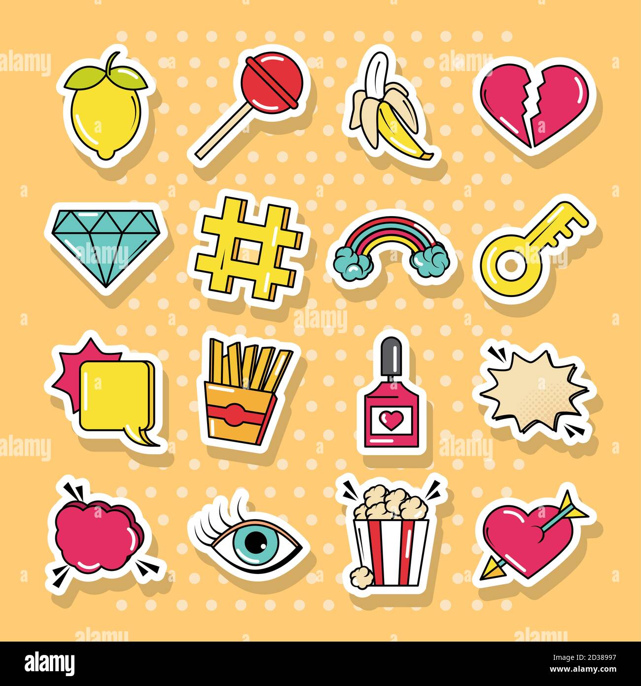pop art comic style, stickers fashion retro dotted background flat ...