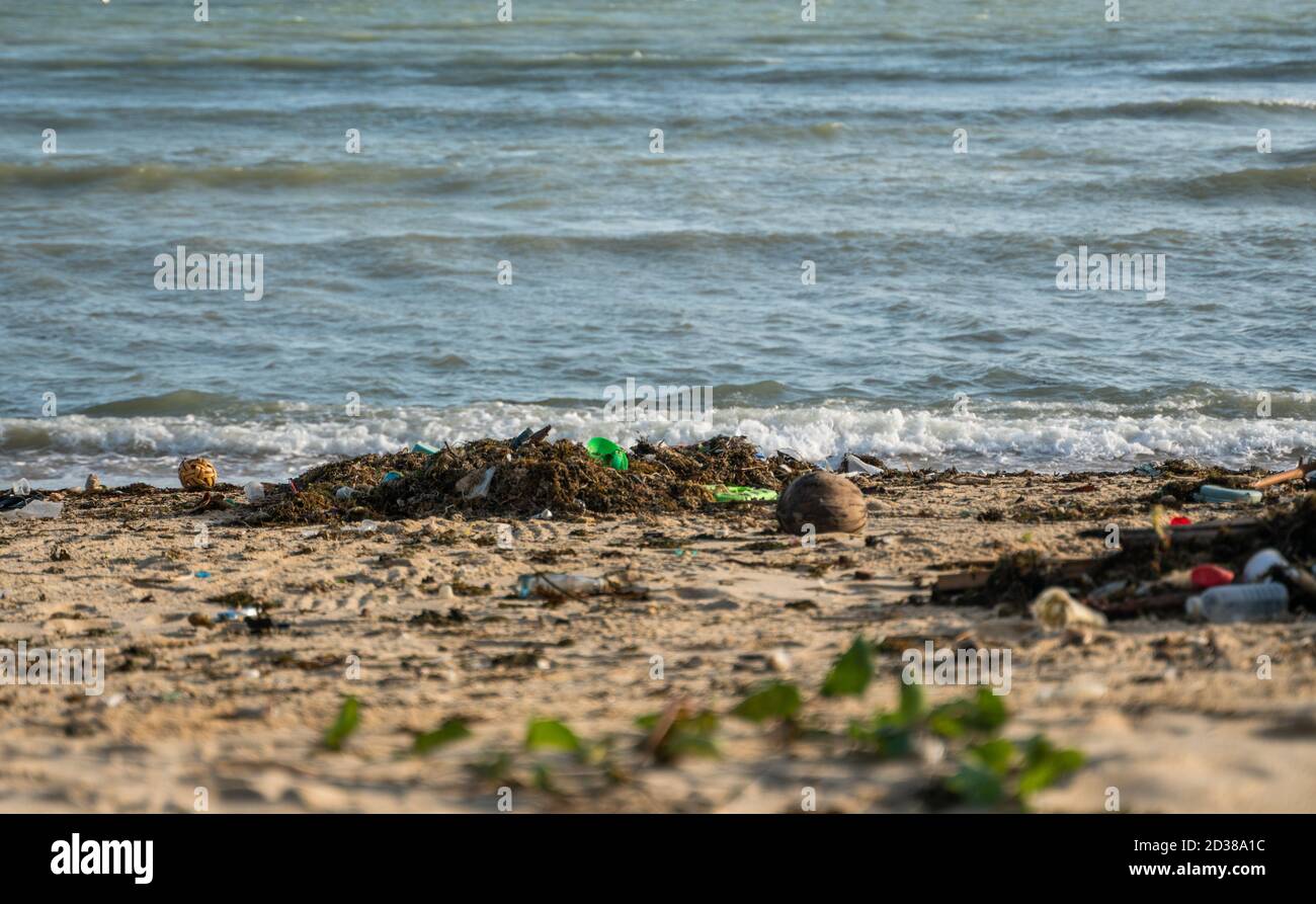 KOH SAMUI, THAILAND - December 15, 2019: Beach pollution such as ...