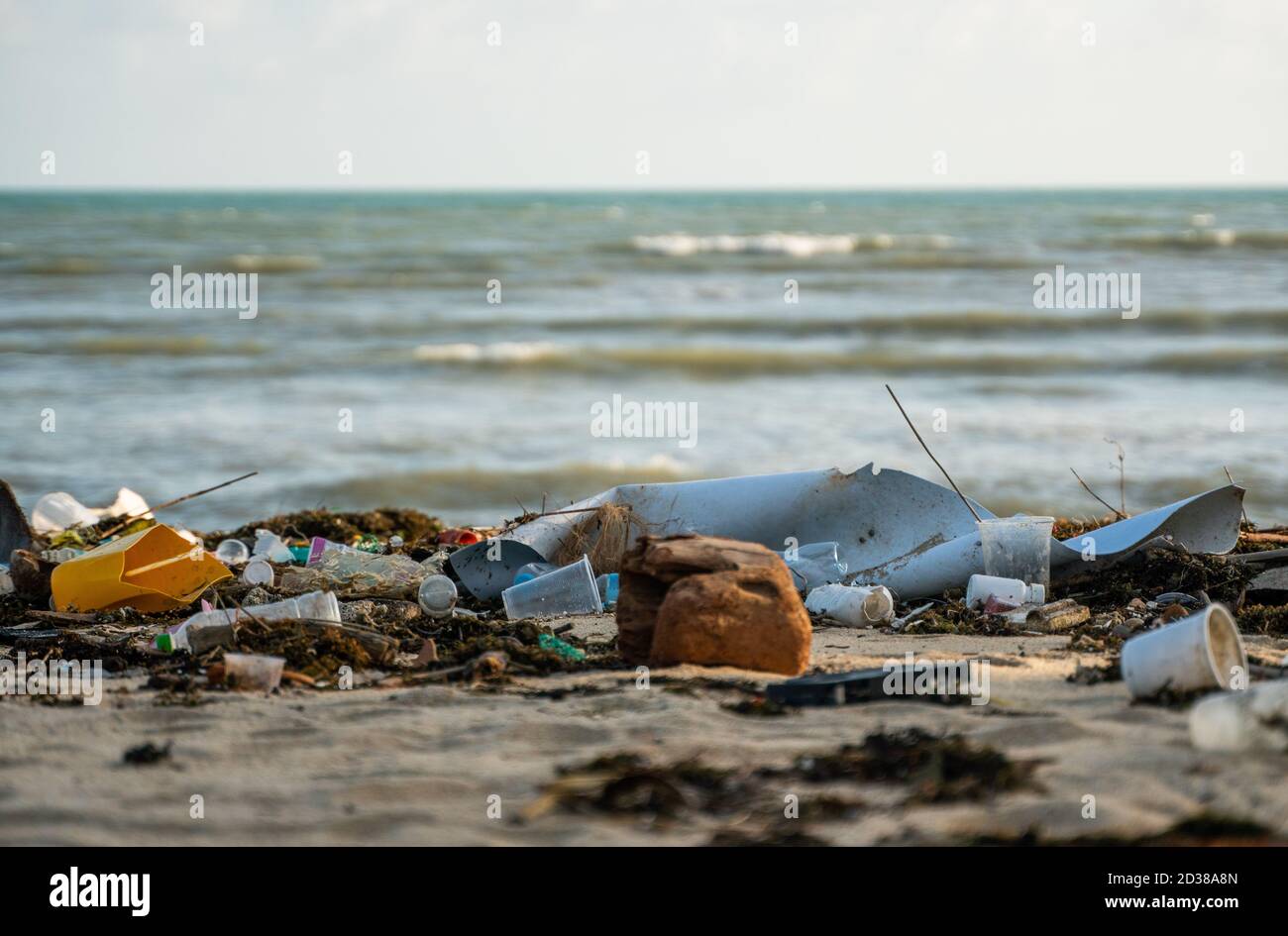 KOH SAMUI, THAILAND - December 15, 2019: Beach pollution such as ...